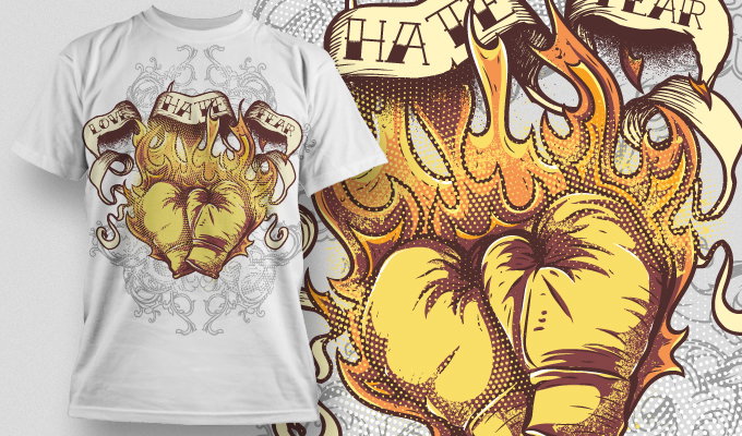 Flaming gloves, old scrolls, vintage flowers & halftones T-shirt Design ...